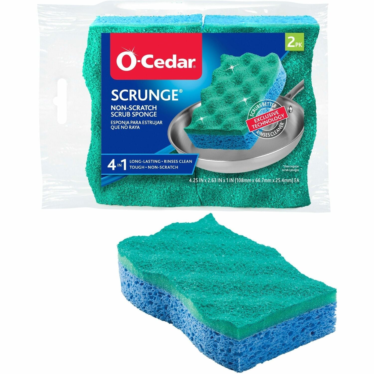 O-Cedar Scrunge Non-Scratch Scrub Sponge, 4.2" Width x 2.6" Depth x 4 ...