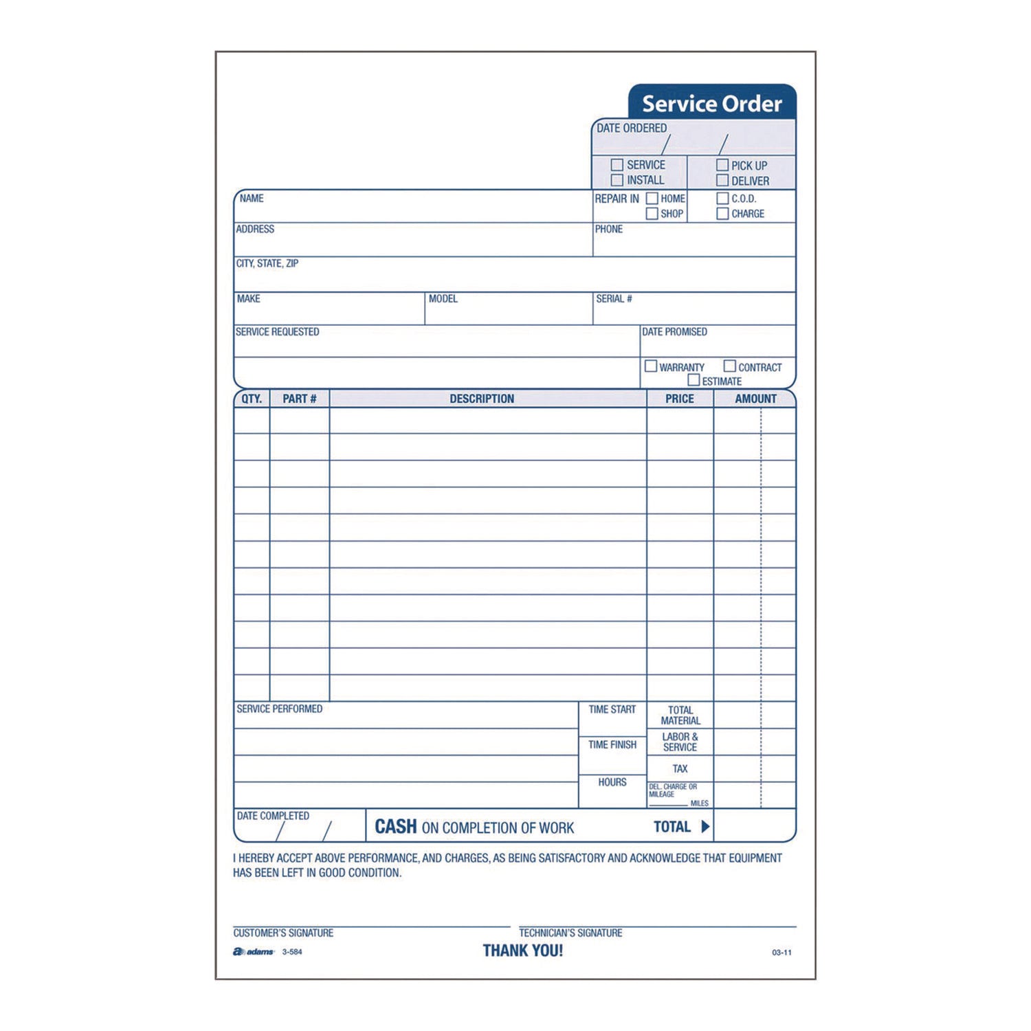 Adams® Work Order Form, Three-Part Carbonless, 5.66 x 9, 250 Sets/Pack ...