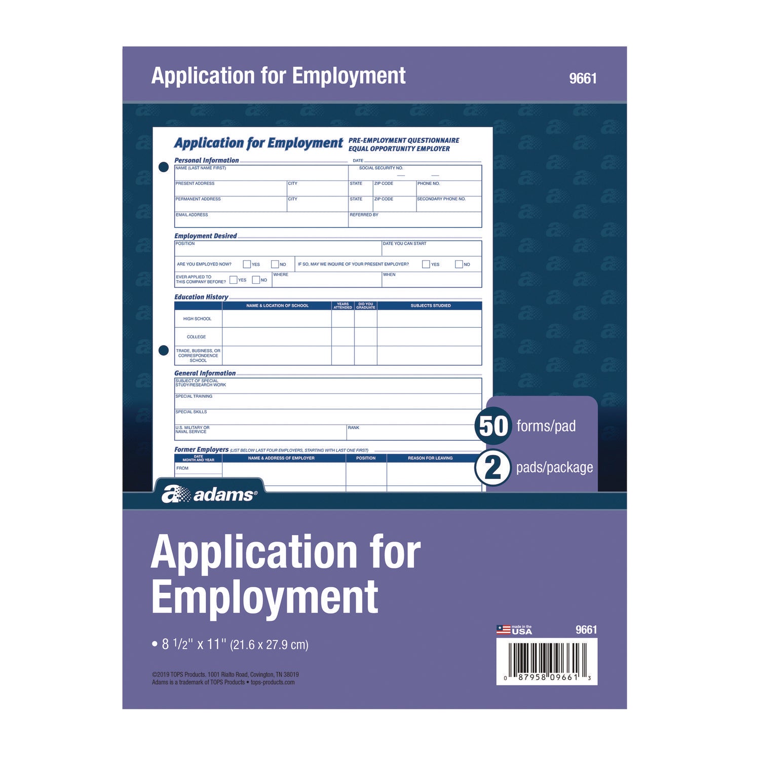 Adams Business Forms Employment Applications, One-Part (No Copies), 11 ...