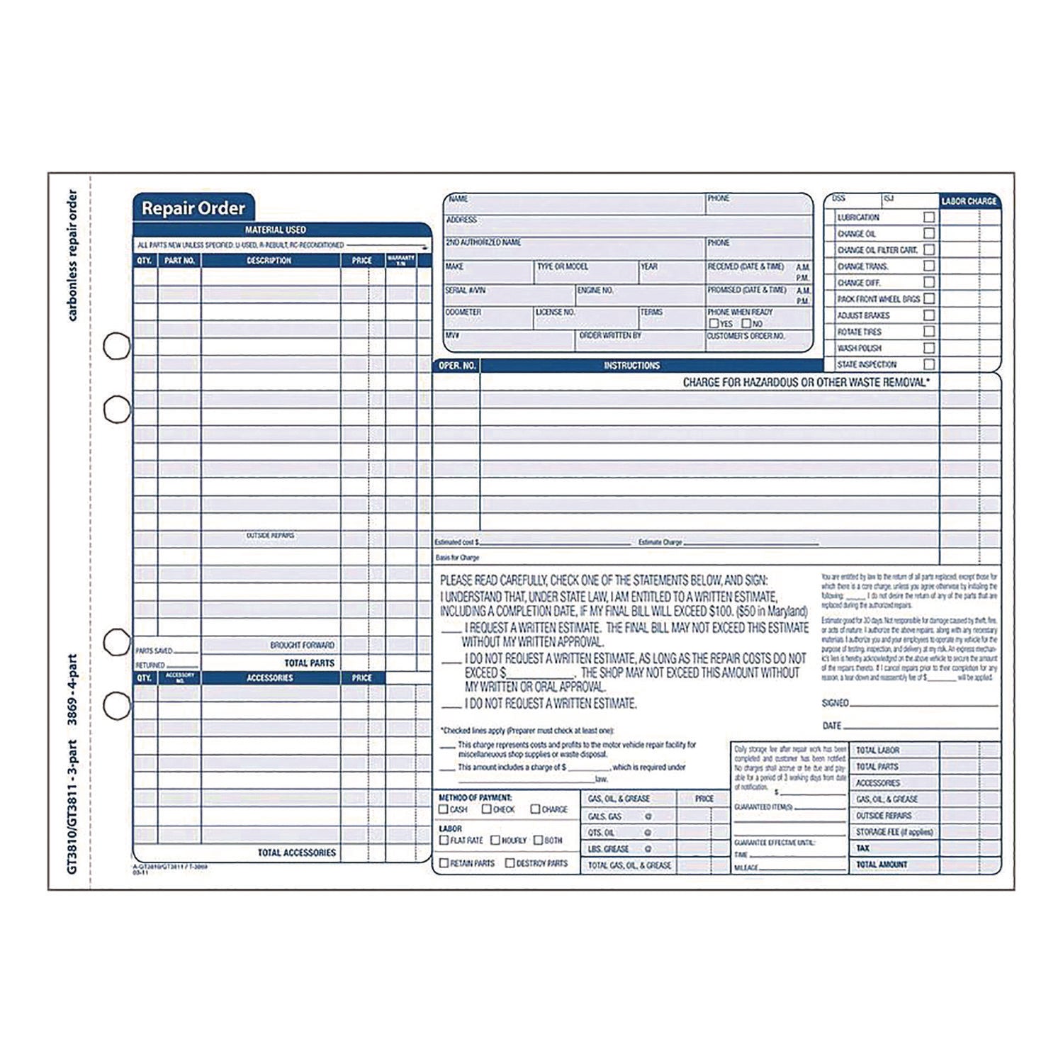 Adams® Multipart Auto Repair Work Order Forms with Checklist for Routi ...