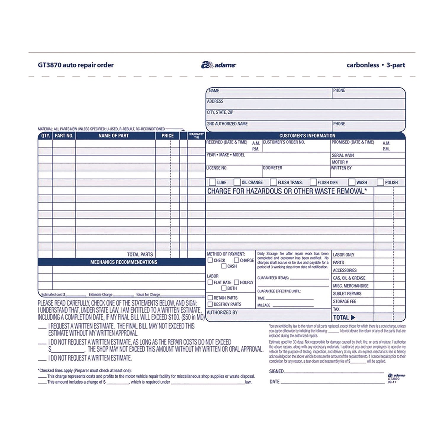 Adams Business Forms Multipart Auto Repair Work Order Forms, Three-Par ...