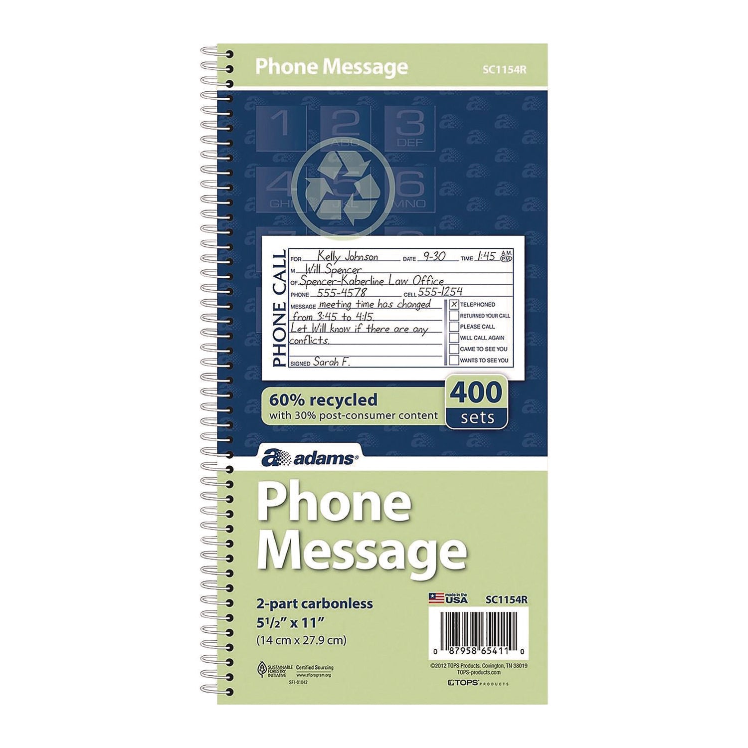 Adams Business Forms Wirebound Telephone Message Book, Two-Part Carbon ...