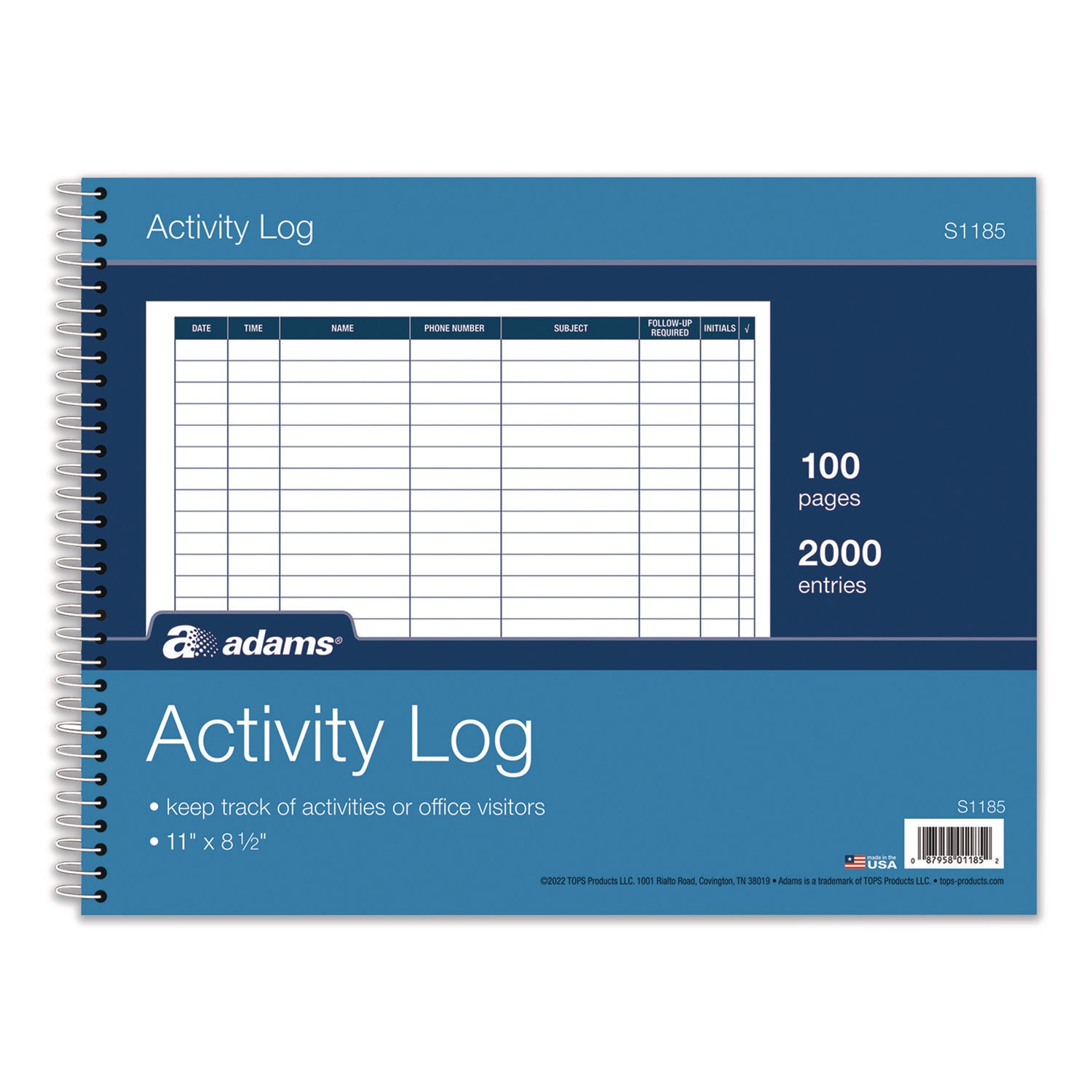 Adams Business Forms Activity Logbook, 8 Columns, Blue/White Cover, 11 ...
