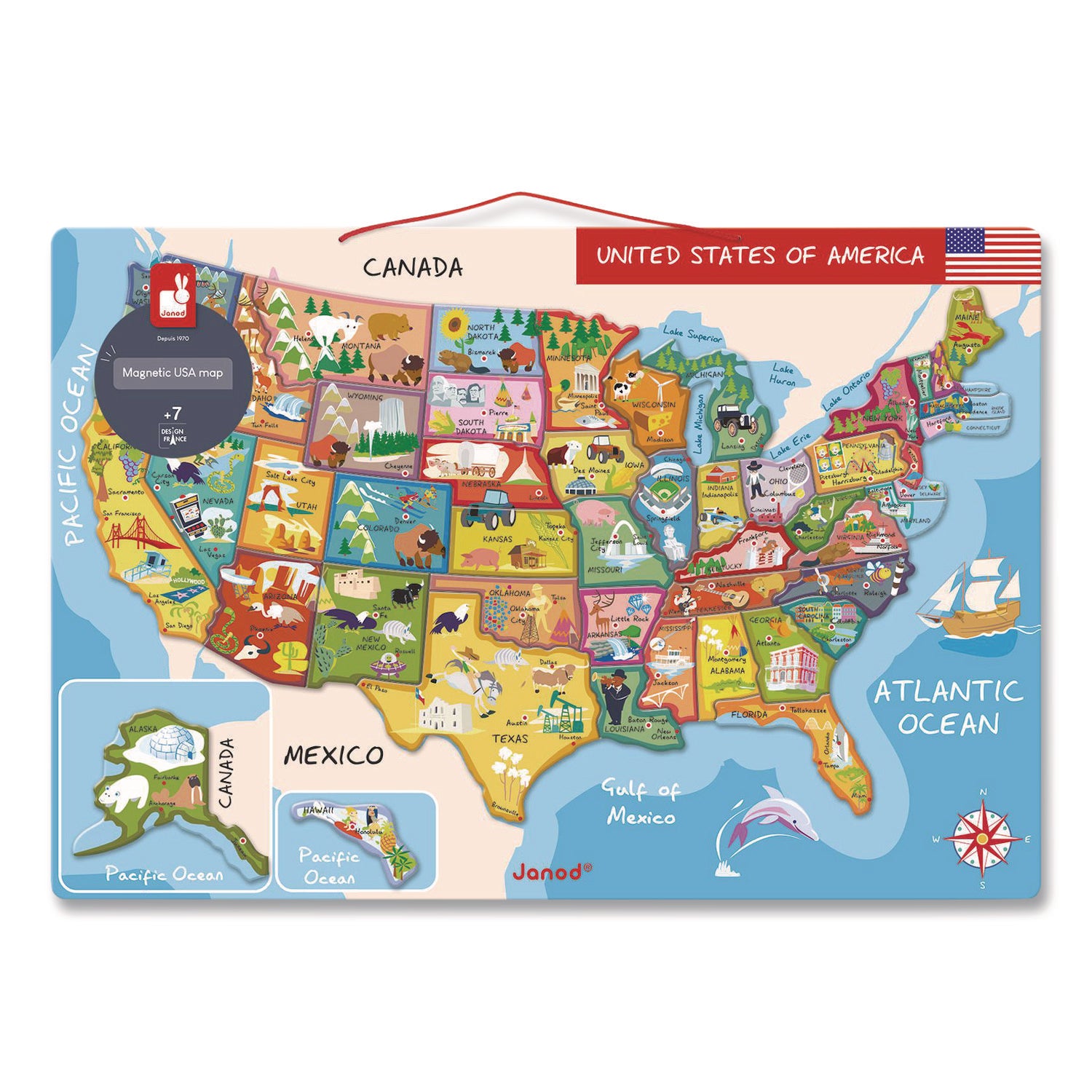 Janod® Cardboard Puzzle, United States Map Puzzle, 48 Pieces, Ages 7 t ...