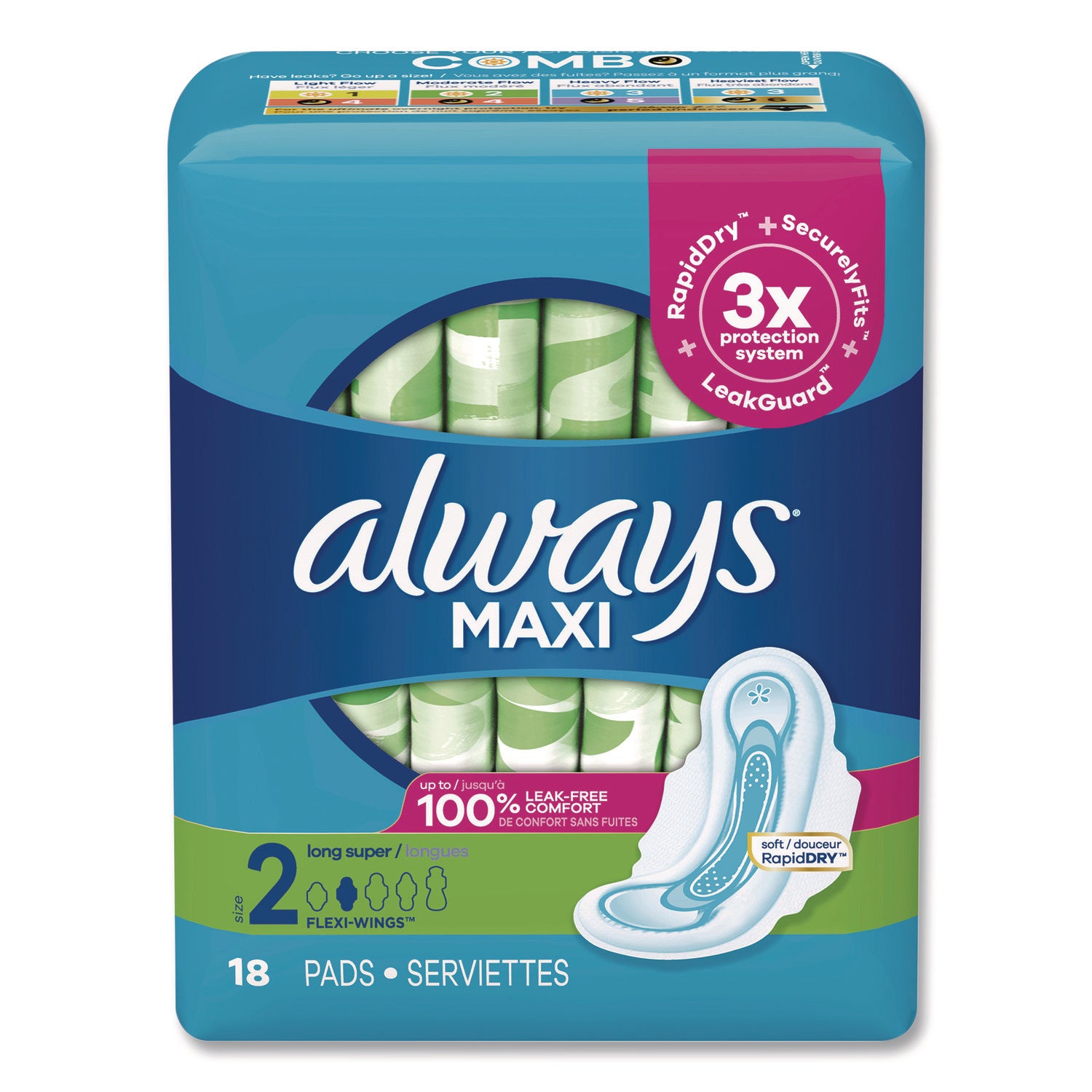 Always® Maxi Long Super Daytime Pad with Wings, Size 2, Super Absorben ...
