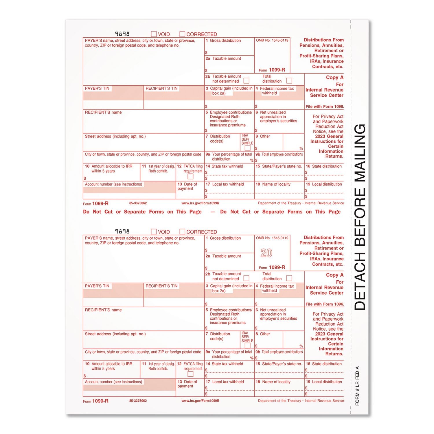 Adams® 2023 1099-R Tax Form, 1 Part, Federal Copy, 2 Forms/Sheet, 50 F ...