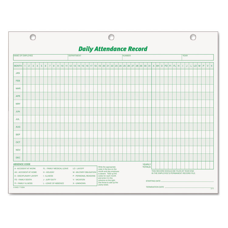 TOPS™ TOP3284 Daily Attendance Card, One-Part (No Copies), 11 x 8.5, 50 ...