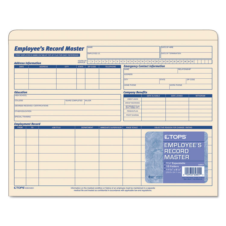 TOPS™ TOP32801 Employee Record Master File Jacket, Straight Tab, Letter ...