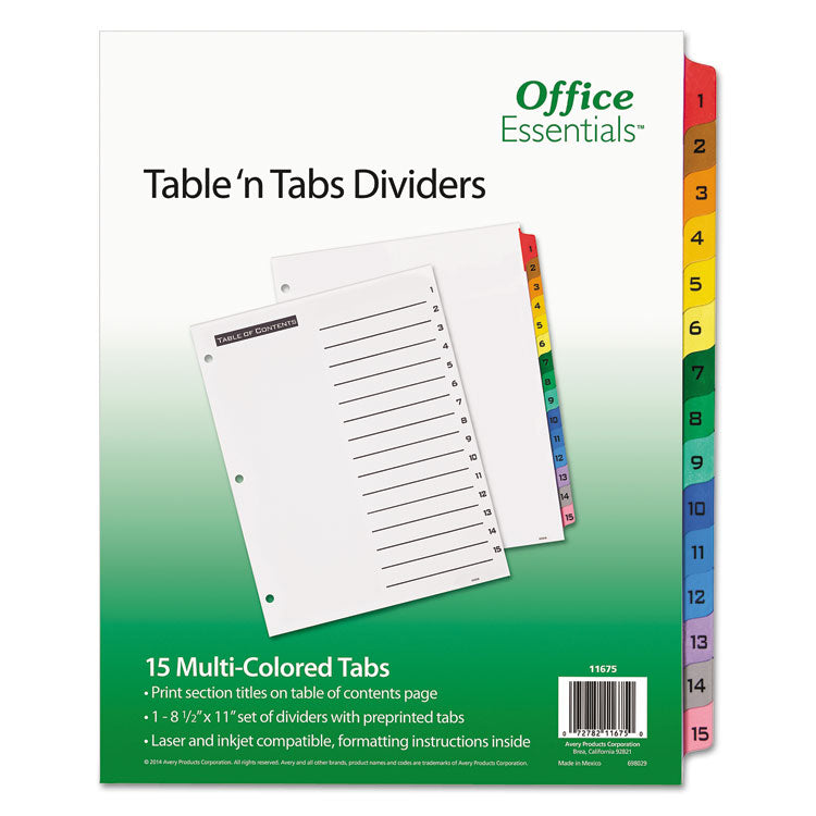 Office Essentials™ AVE11675 Table 'n Tabs Dividers, 15-Tab, 1 to 15, 11 ...