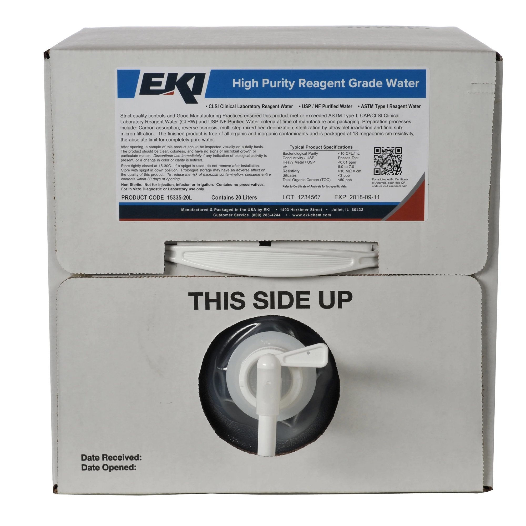 EKI Chemistry Reagent Deionized Water Reagent Grade / ASTM Type I 100% ...