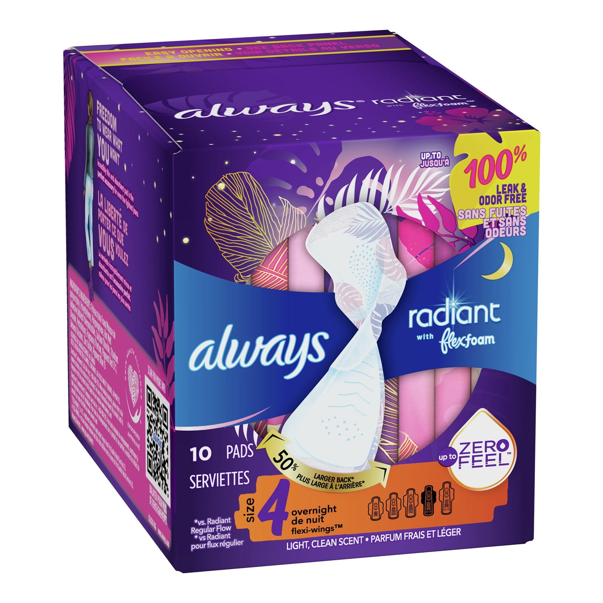 Always® Radiant with FlexFoam Feminine Pad Overnight / With Wings Heav ...