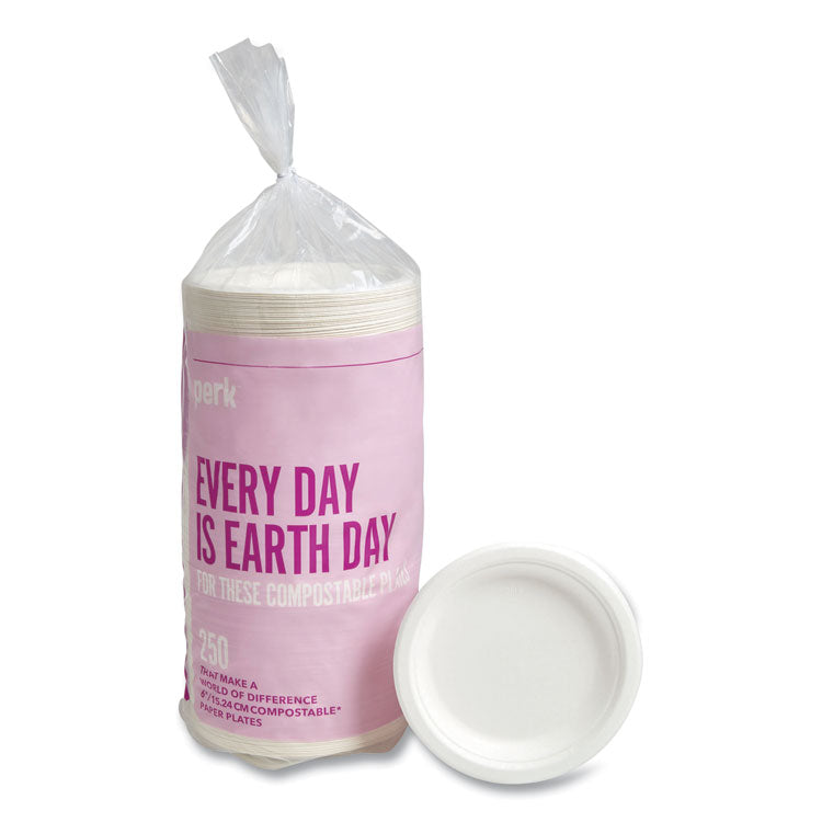 Perk™ PRK61286 PFAS-Free Compostable Bagasse Plates, 6" dia, White, 250 ...