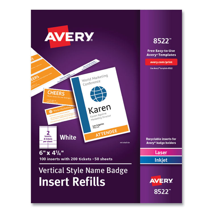 Avery® AVE8522 Name Badge Insert Refills, Vertical, 4 1/4 x 6, White ...