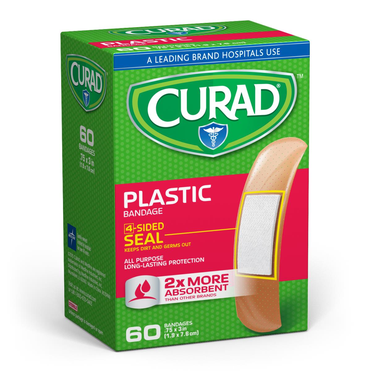 CURAD Plastic Adhesive Bandage, 3/4" x 3", 60 Bandages/Box, 48/CS (CUR ...