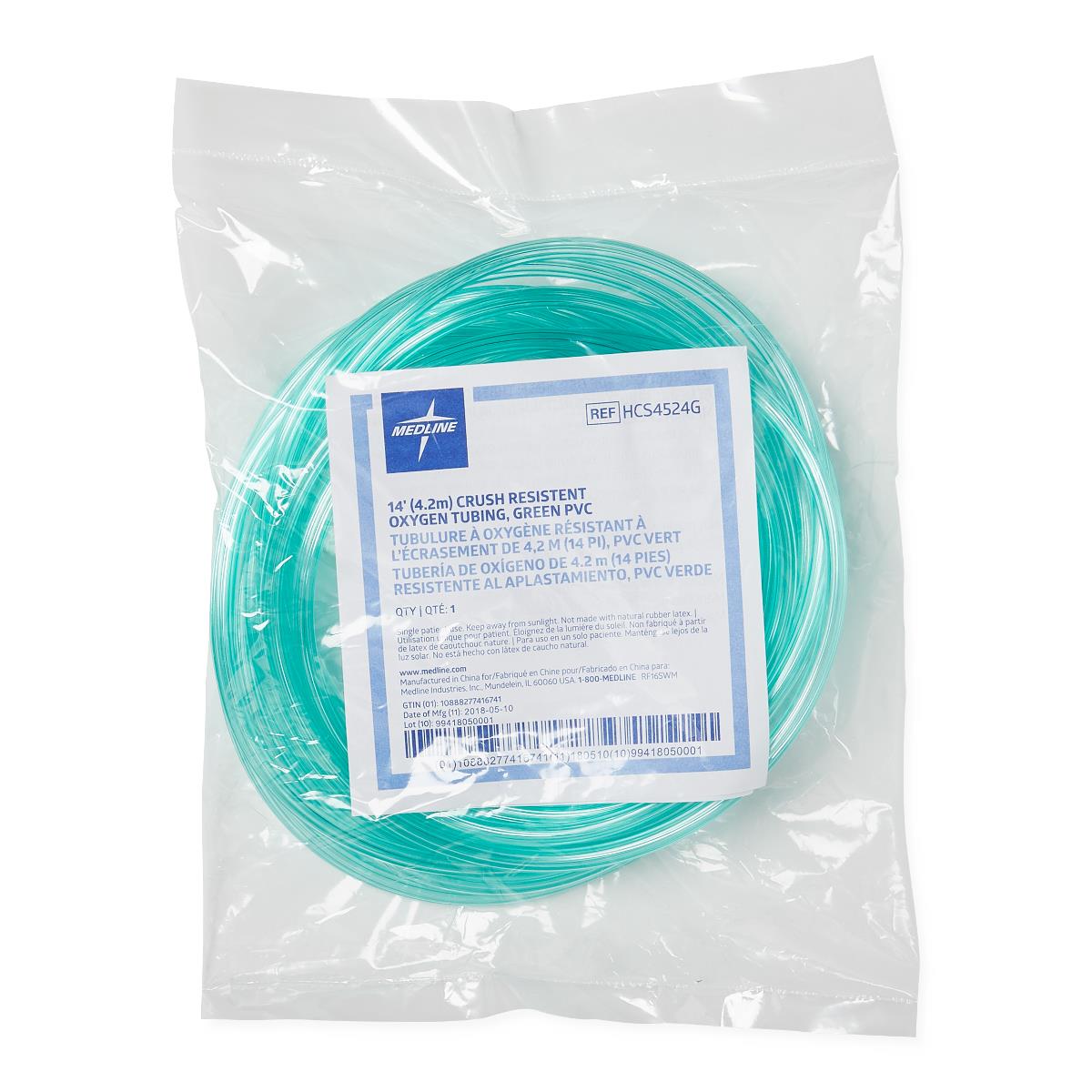 Green Crush-Resistant Oxygen Tubing, 14', Standard Connector, 50/CS (H ...