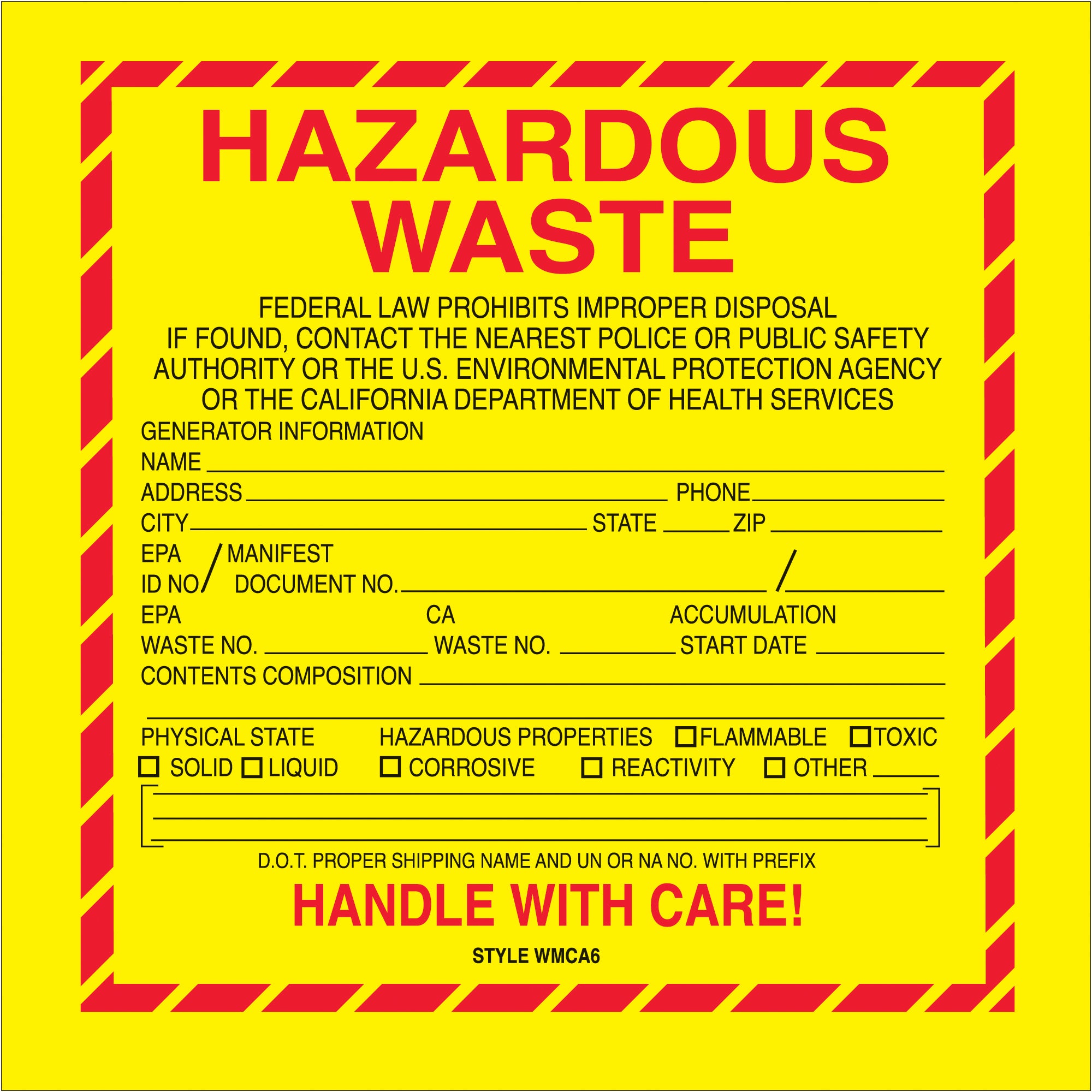 6 x 6" - "Hazardous Waste - California" Labels (DL7510) Roll Of 500 ...