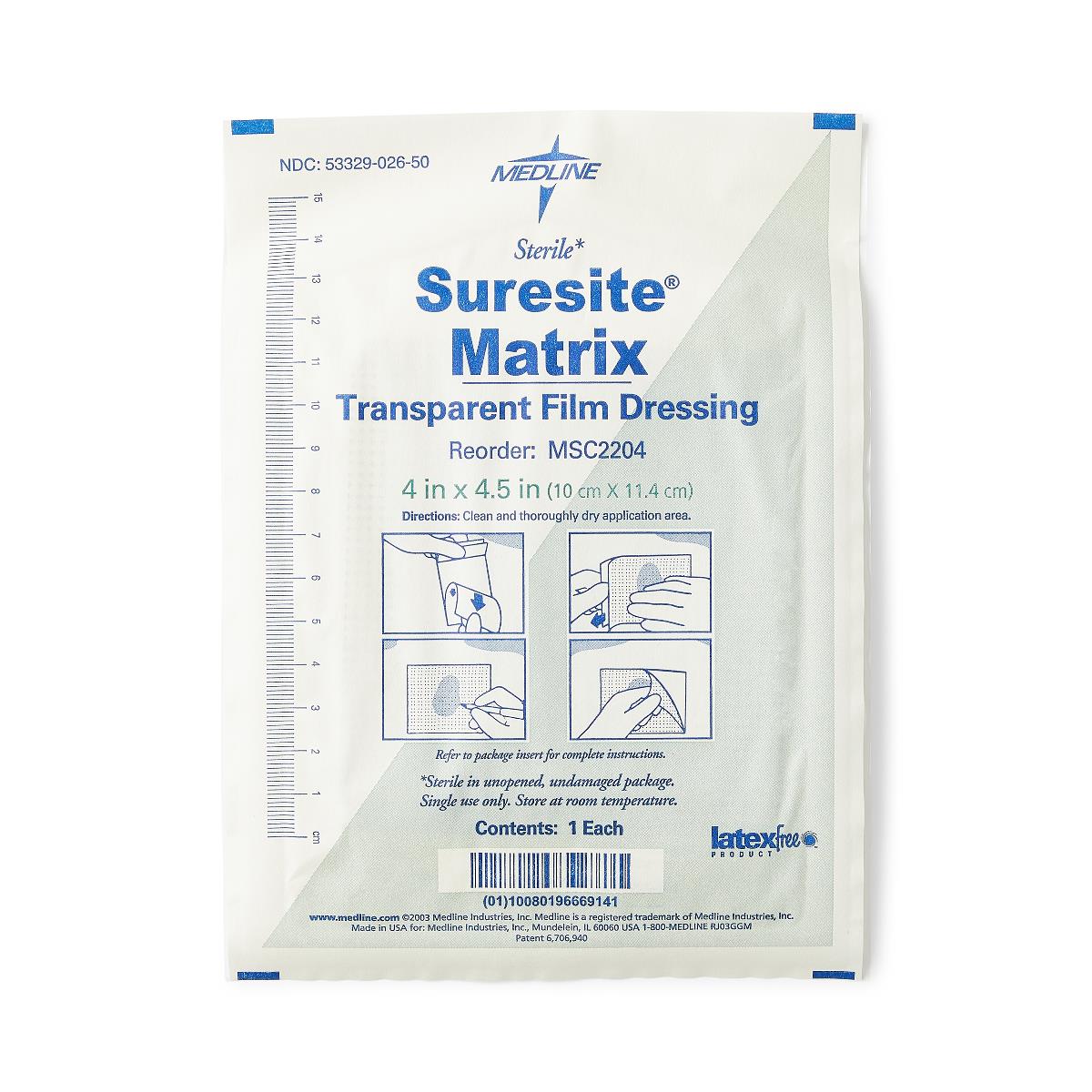SureSite Matrix Transparent Film Dressing, 4" x 4.5", 1 EA (MSC2204H ...