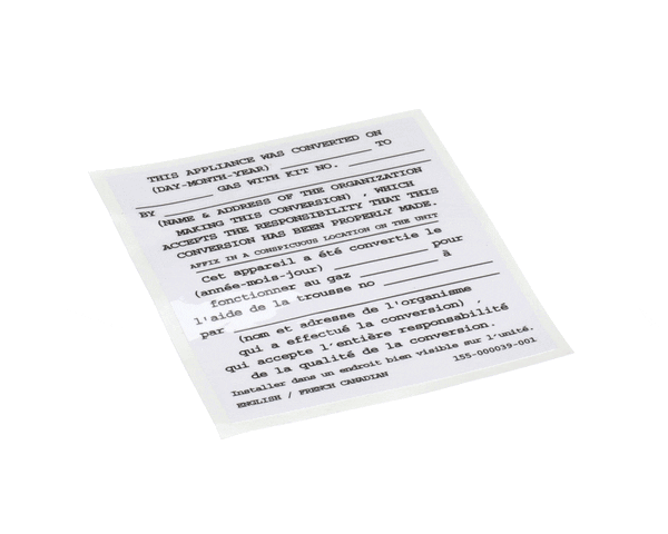 Pitco 155-000039-001 Conversion Sticker (PT155-000039-001) Each ...