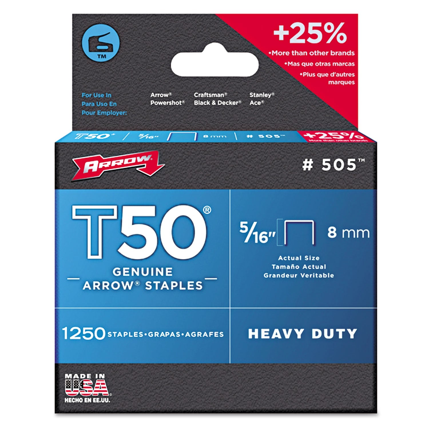 Arrow Fastener T50® Type Staple, #505™, 5/16 in L x 3/8 in W, 1,250/PK ...