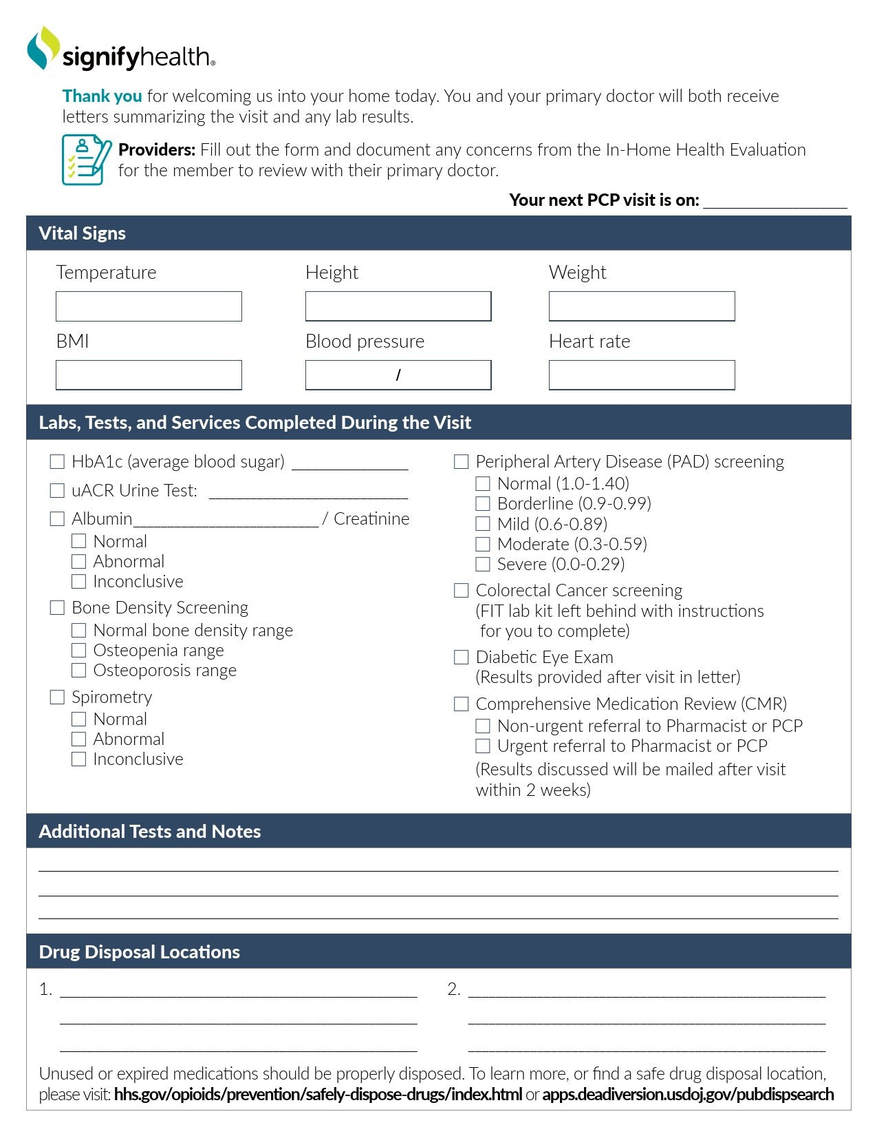Signify Health® Check List Form PCP Screening 8 X11 Inch (1218338_PK ...